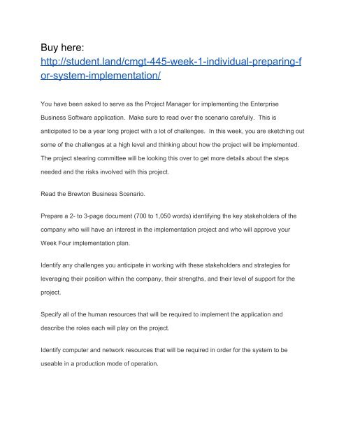 CMGT 445 Week 1 Individual Preparing for System Implementation
