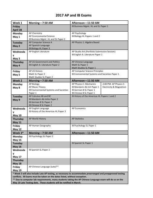 2017 AP and IB Exam Schedule