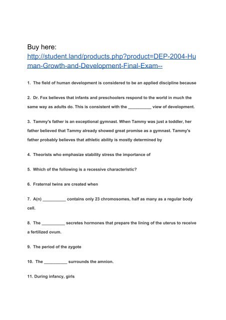 DEP 2004 Human Growth and Development Final Exam