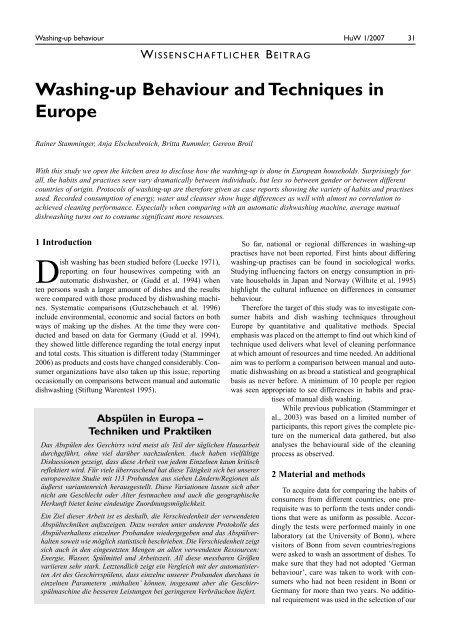 Washing-up Behaviour and Techniques in Europe - Institute of ...