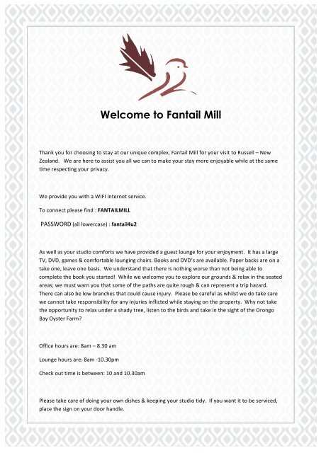 Fantail Mill Welcome