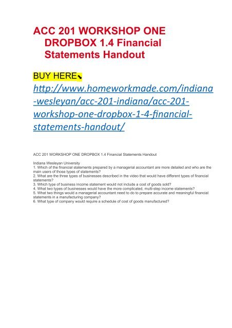 ACC 201 WORKSHOP ONE DROPBOX 1.4 Financial Statements Handout