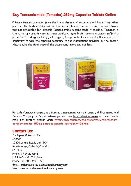 Buy Temozolomide (Temodar) 250mg Capsules Tablets Online
