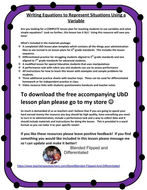 UbD Lesson Plan Materials_Writing equations to represent situations