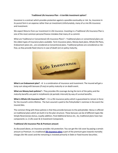Traditional Life Insurance Plan – A terrible Investment option