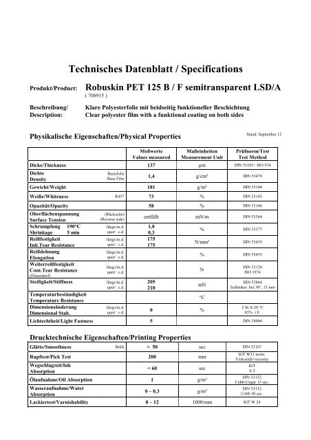 Technisches Datenblatt / Specifications - Papier Union