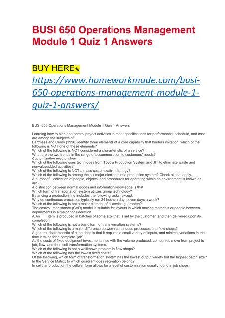 BUSI 650 Operations Management Module 1 Quiz 1 Answers