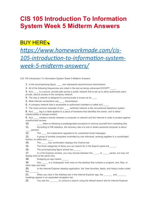 CIS 105 Introduction To Information System Week 5 Midterm Answers