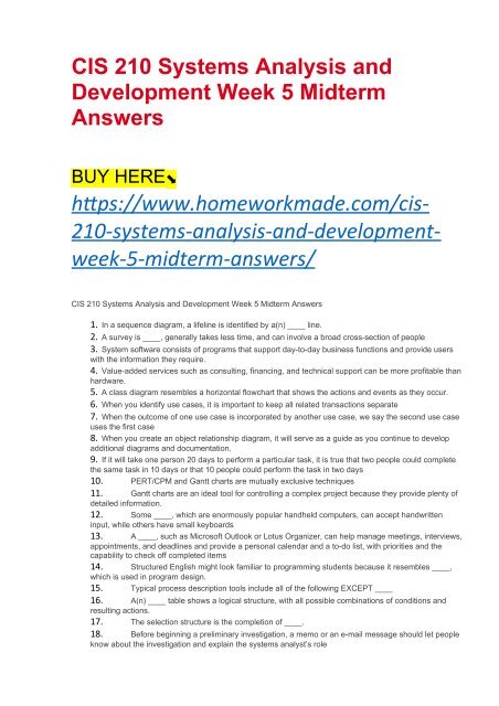 CIS 210 Systems Analysis and Development Week 5 Midterm Answers