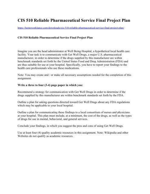 CIS 510 Reliable Pharmaceutical Service Final Project Plan