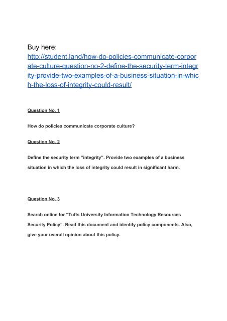 How do policies communicate corporate culture? Question No. 2 Define ...
