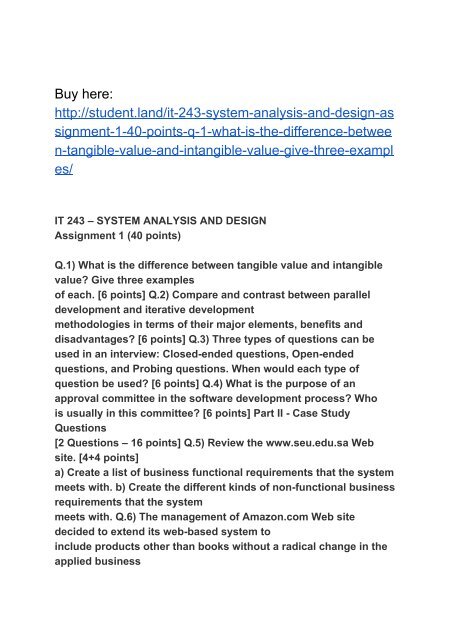 IT 243 – SYSTEM ANALYSIS AND DESIGN Assignment 1 (40 points) Q.1) What ...