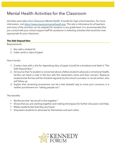 Mental Health Activities for the Classroom