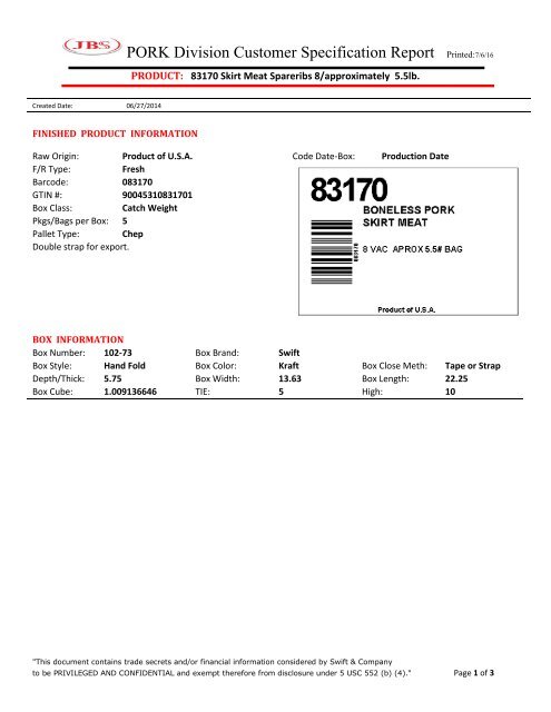 Spec Sheet on Pork Skirt Meat