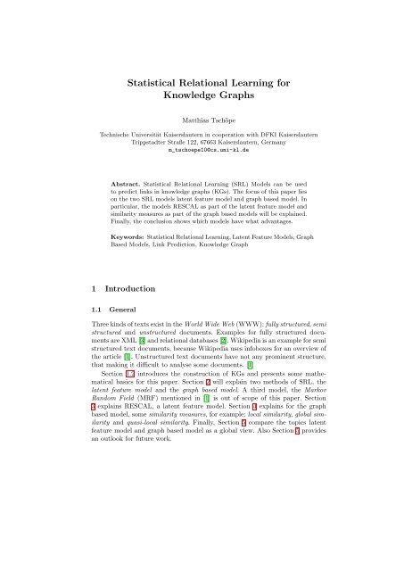 Statistical Relational Learning for Knowledge Graphs