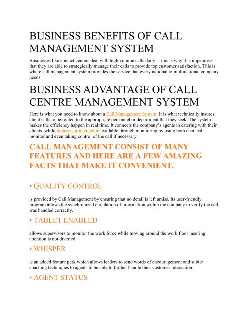 BUSINESS BENEFITS OF CALL MANAGEMENT SYSTEM
