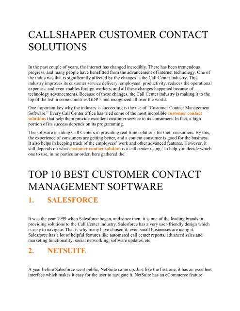 CALLSHAPER CUSTOMER CONTACT SOLUTIONS