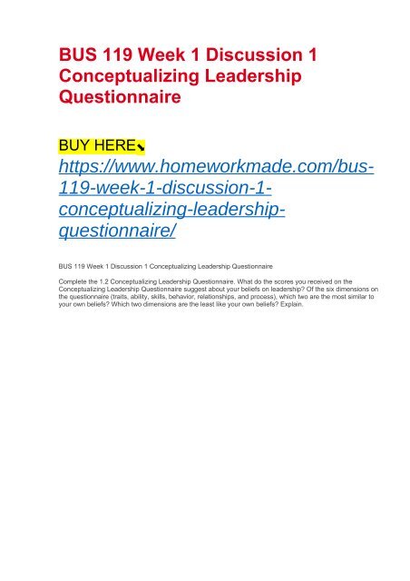 BUS 119 Week 1 Discussion 1 Conceptualizing Leadership Questionnaire
