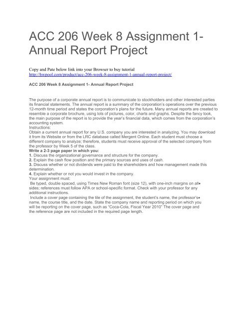 ACC 206 Week 8 Assignment 1- Annual Report Project