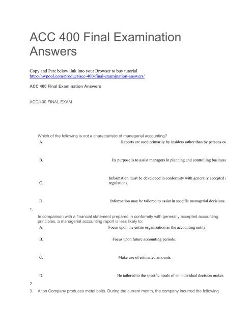 ACC 400 Final Examination Answers