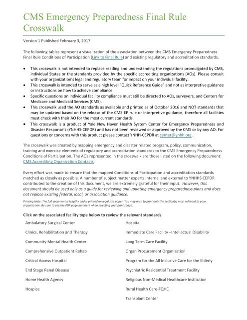 CMS Emergency Preparedness Final Rule Crosswalk