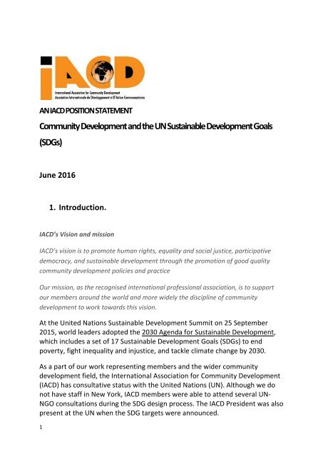 Community Development and the UN Sustainable Development Goals (SDGs)
