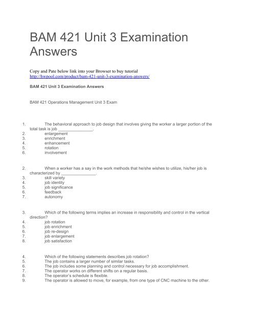 BAM 421 Unit 3 Examination Answers