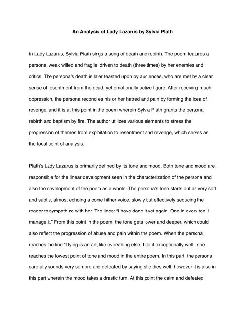 An Analysis of Lady Lazarus by Sylvia Plath - Xavier School IB ...