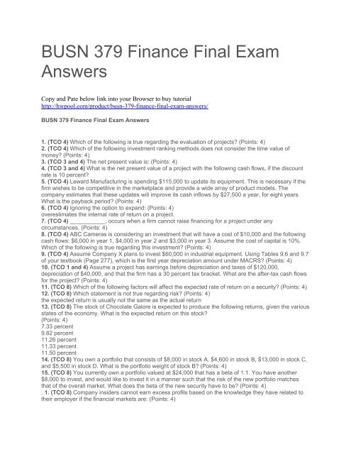BUSN 379 Finance Final Exam Answers