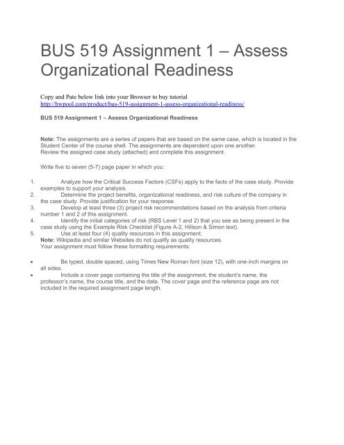 BUS 519 Assignment 1 – Assess Organizational Readiness