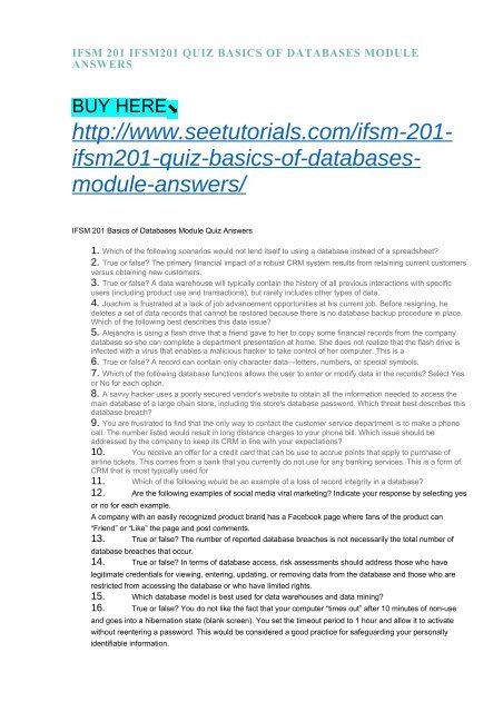 IFSM 201 IFSM201 QUIZ BASICS OF DATABASES MODULE ANSWERS