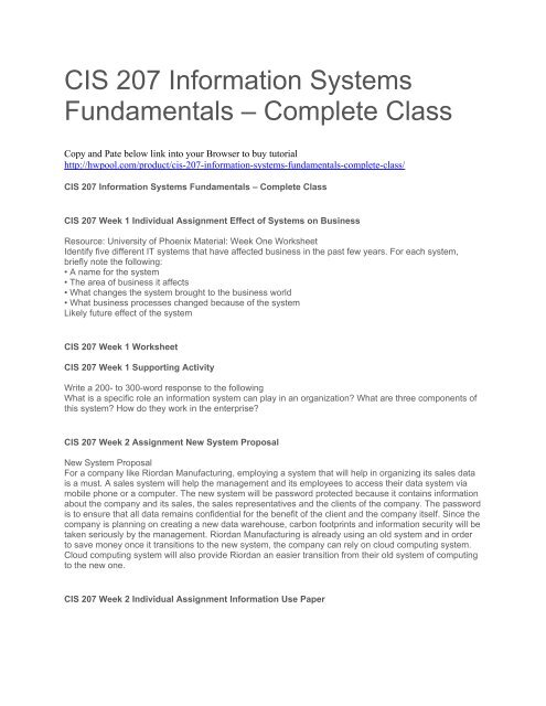 CIS 207 Information Systems Fundamentals – Complete Class