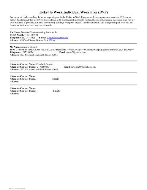 Ticket to Work Individual Work Plan (IWP)