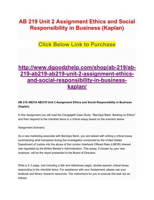 AB 219 Unit 2 Assignment Ethics and Social Responsibility in Business ...