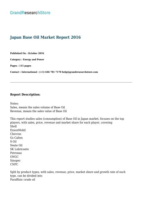 Japan Base Oil Market Report 2016