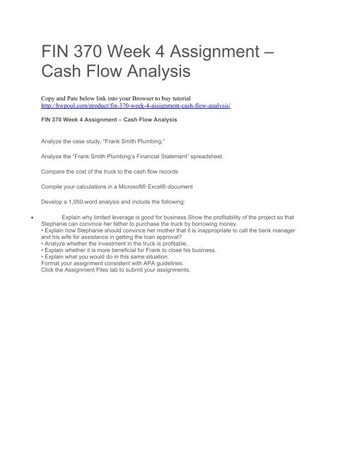 FIN 370 Week 4 Assignment – Cash Flow Analysis