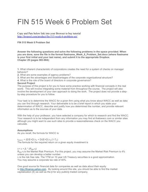 FIN 515 Week 6 Problem Set FIN 515 Week 6 Problem Set