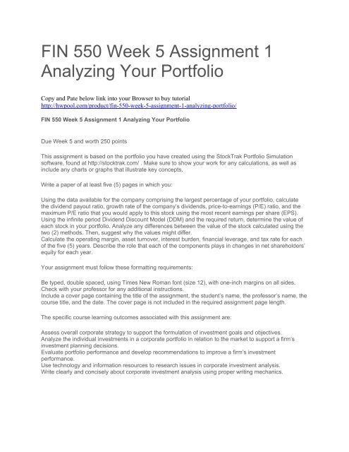 FIN 550 Week 5 Assignment 1 Analyzing Your Portfolio