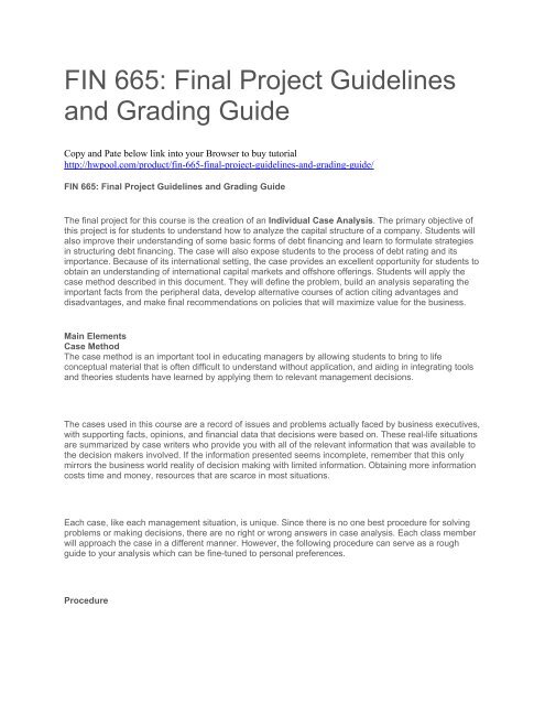 FIN 665 Final Project Guidelines and Grading Guide