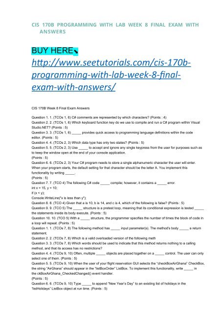 CIS 170B PROGRAMMING WITH LAB WEEK 8 FINAL EXAM WITH ANSWERS