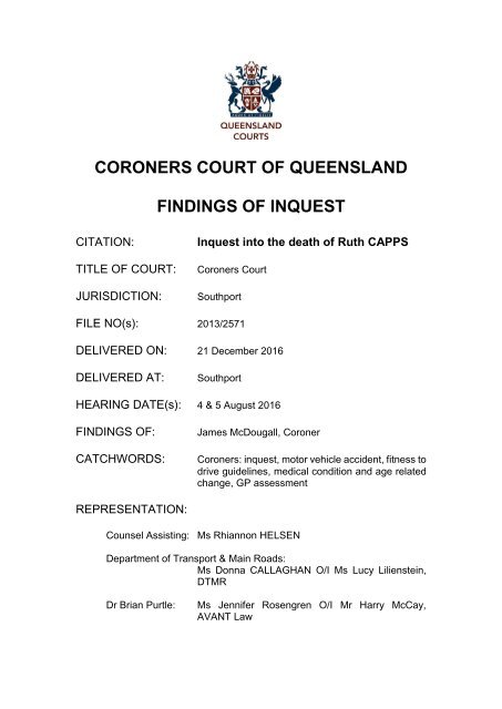CORONERS COURT OF QUEENSLAND FINDINGS OF INQUEST