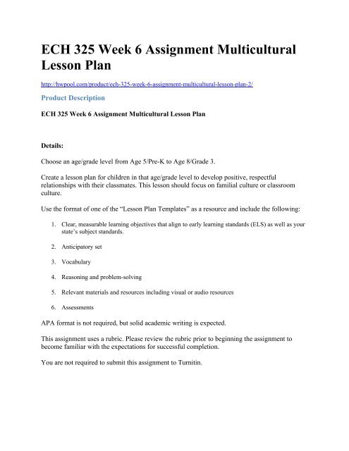 ECH 325 Week 6 Assignment Multicultural Lesson Plan