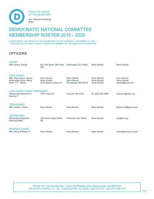 DEMOCRATIC NATIONAL COMMITTEE MEMBERSHIP ROSTER 2016 - 2020