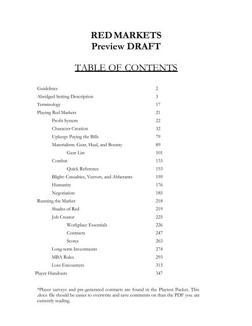 RED MARKETS Preview DRAFT TABLE OF CONTENTS