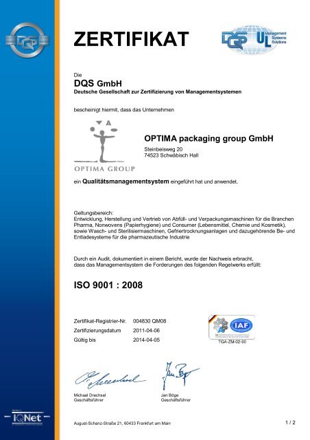 ISO 9001 - OPTIMA Packaging Group