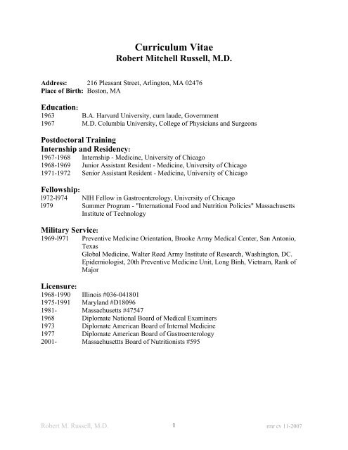 Curriculum Vitae Robert Mitchell Russell, M.D. - Friedman School of ...