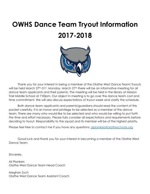 OWHS Dance Team Tryout Information 2017-2018