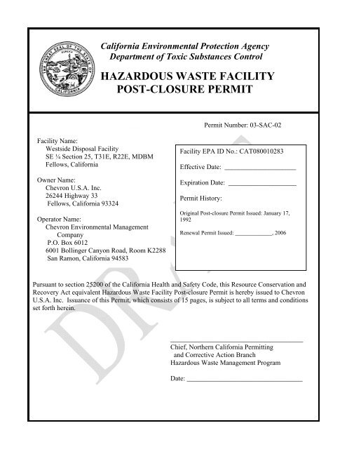 Hazardous Waste Facility Post-closure Permit - the Department of ...