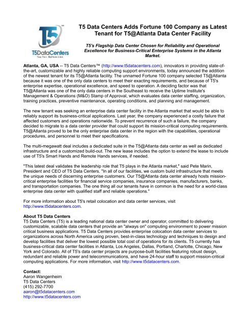 T5 Data Centers Adds Fortune 100 Company as Latest Tenant for T5 ...