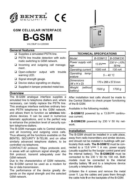 GSM CELLULAR INTERFACE General features Overview Installation